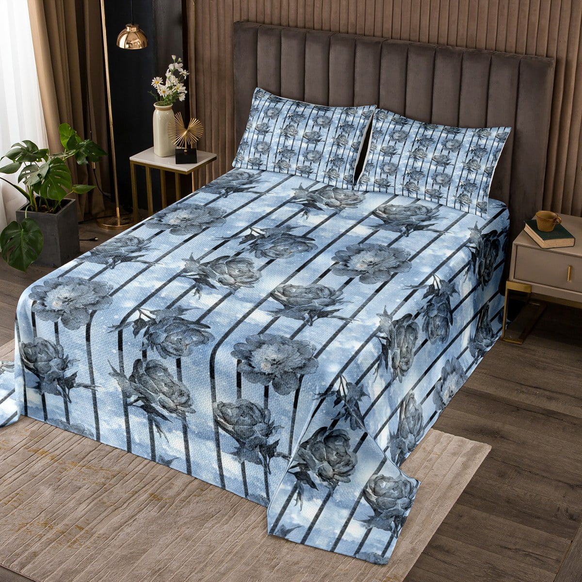 YST Greyish Blue Flower Bedspread Twin Size Chic Floral Quilt Set ...