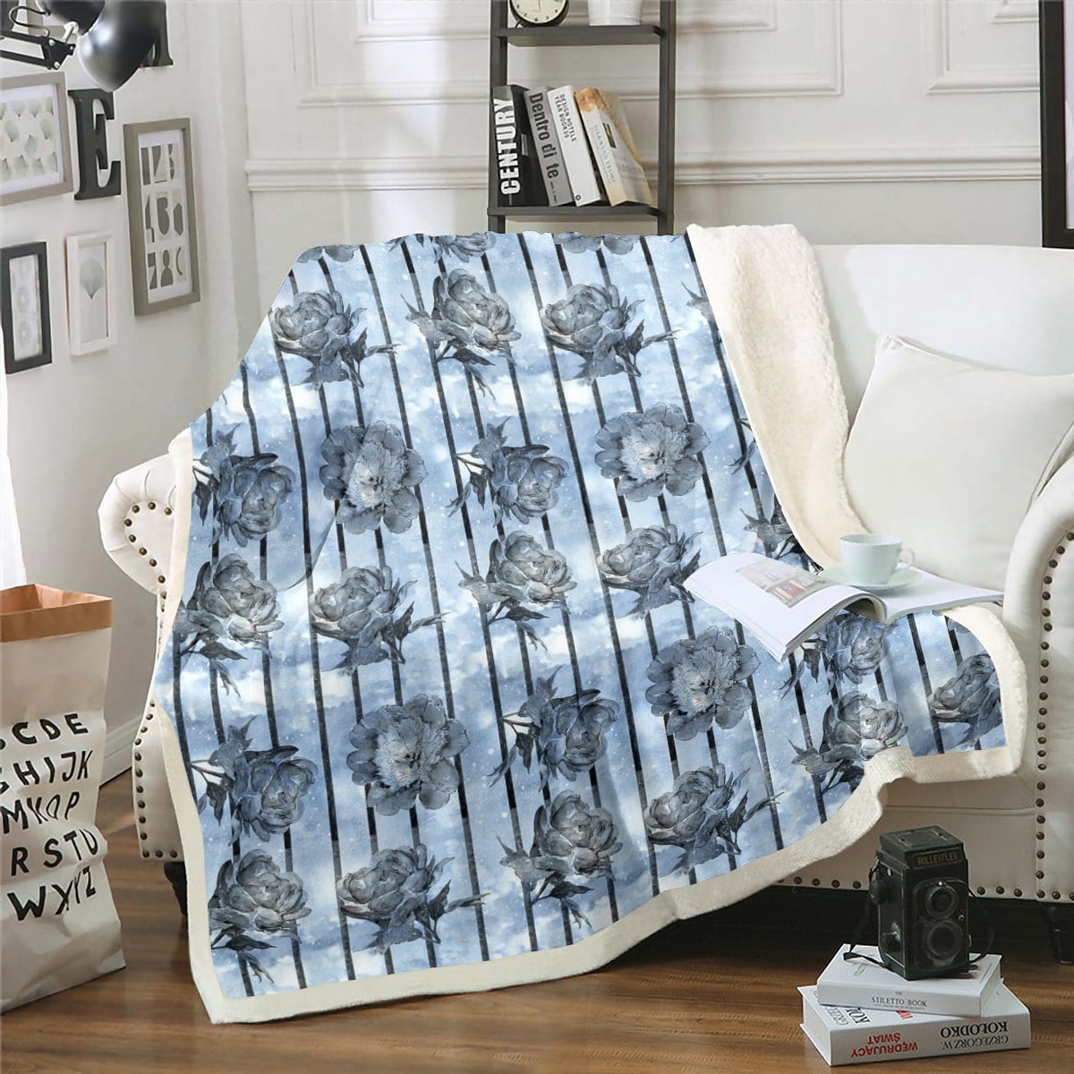 Greyish Blue Flower Blanket Chic Floral Throw Blanket for Bed, Black ...
