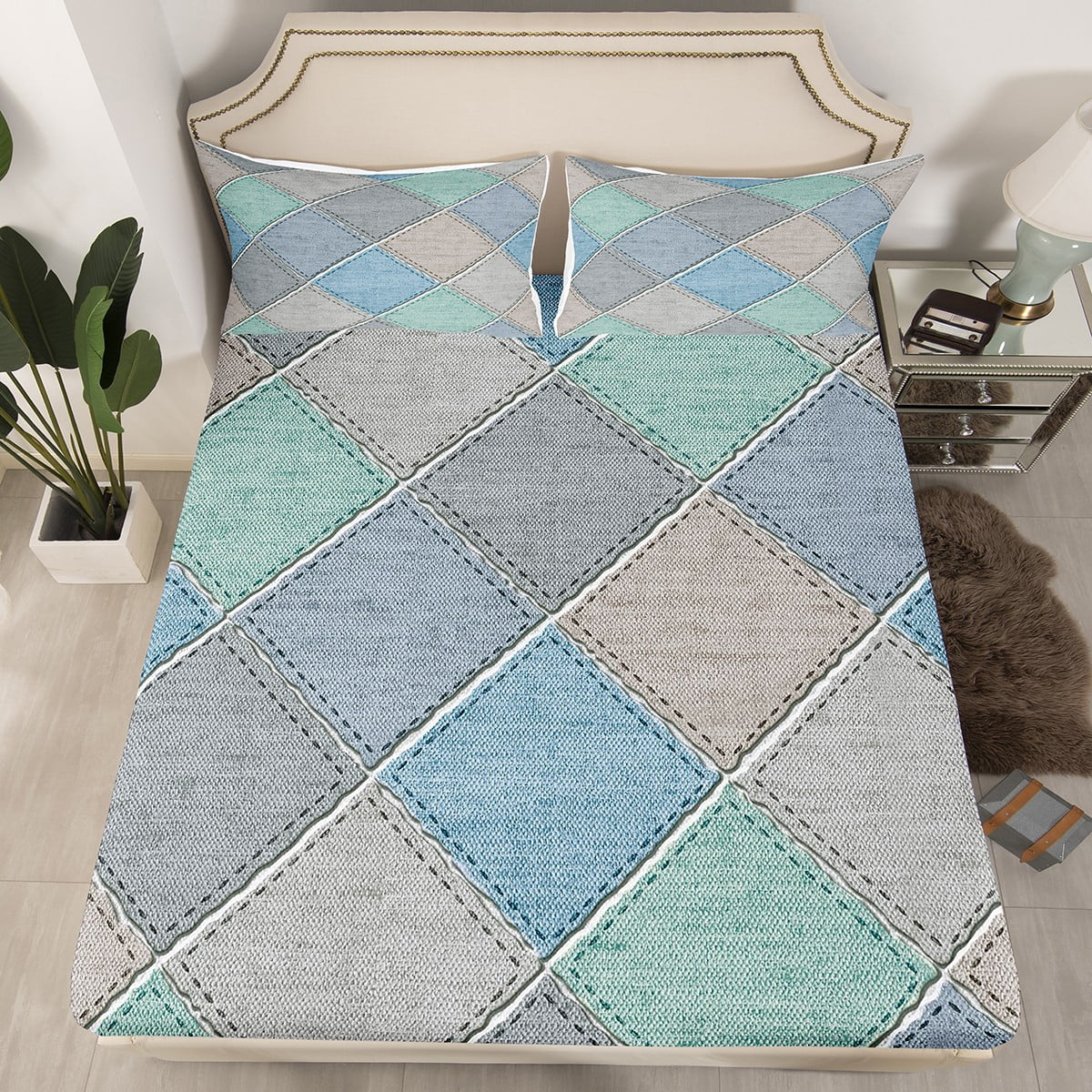 YST Grid Bed Sheets Colorful Checkered Patchwork Bedding Set for Youth ...