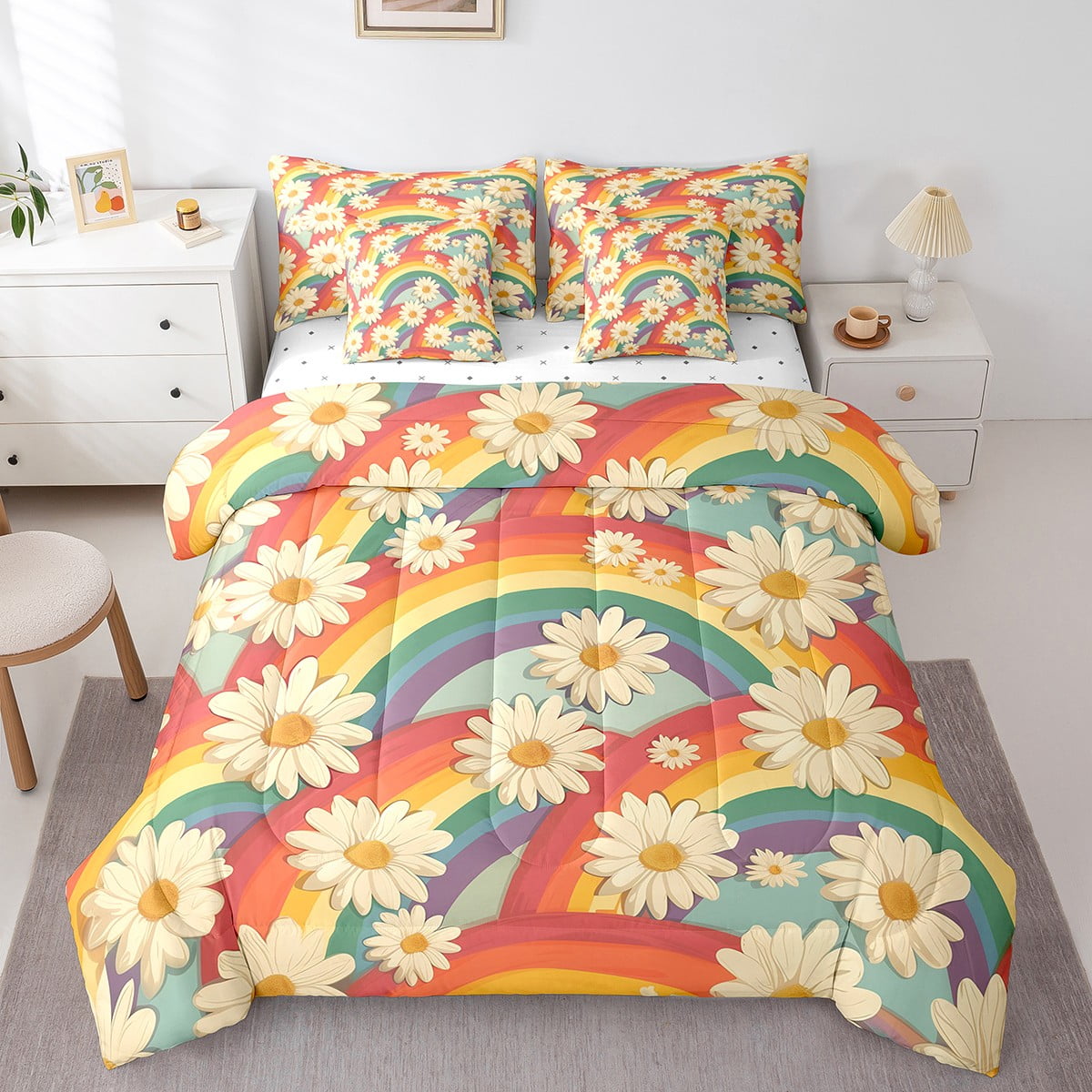 Erosebridal Groovy Bedding Set Queen Size Rainbow Daisy Comforter Set 7 ...