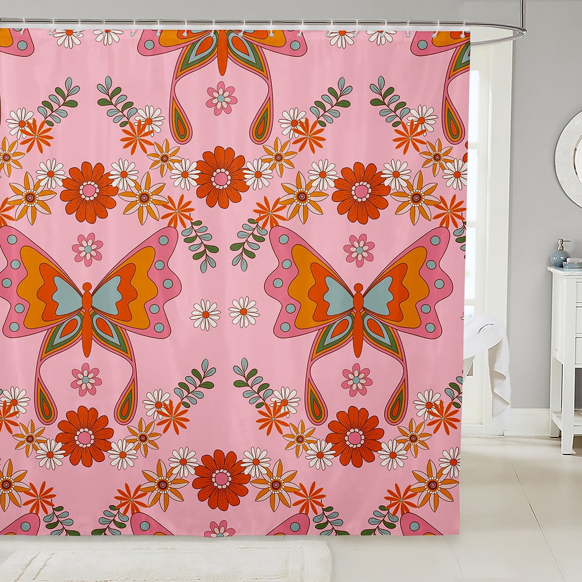 Yst Groovy Butterfly Shower Curtain For Girls 60s 70s Vintage Flower