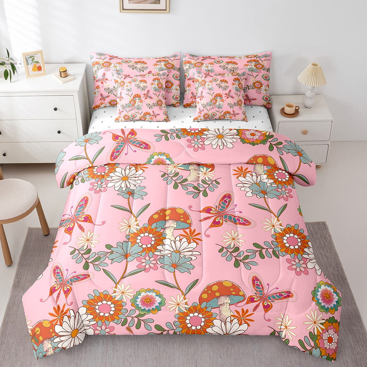 YST Groovy Comforter Set Full Size 7 Piece,Pink 60s 70s Bedding Set for ...