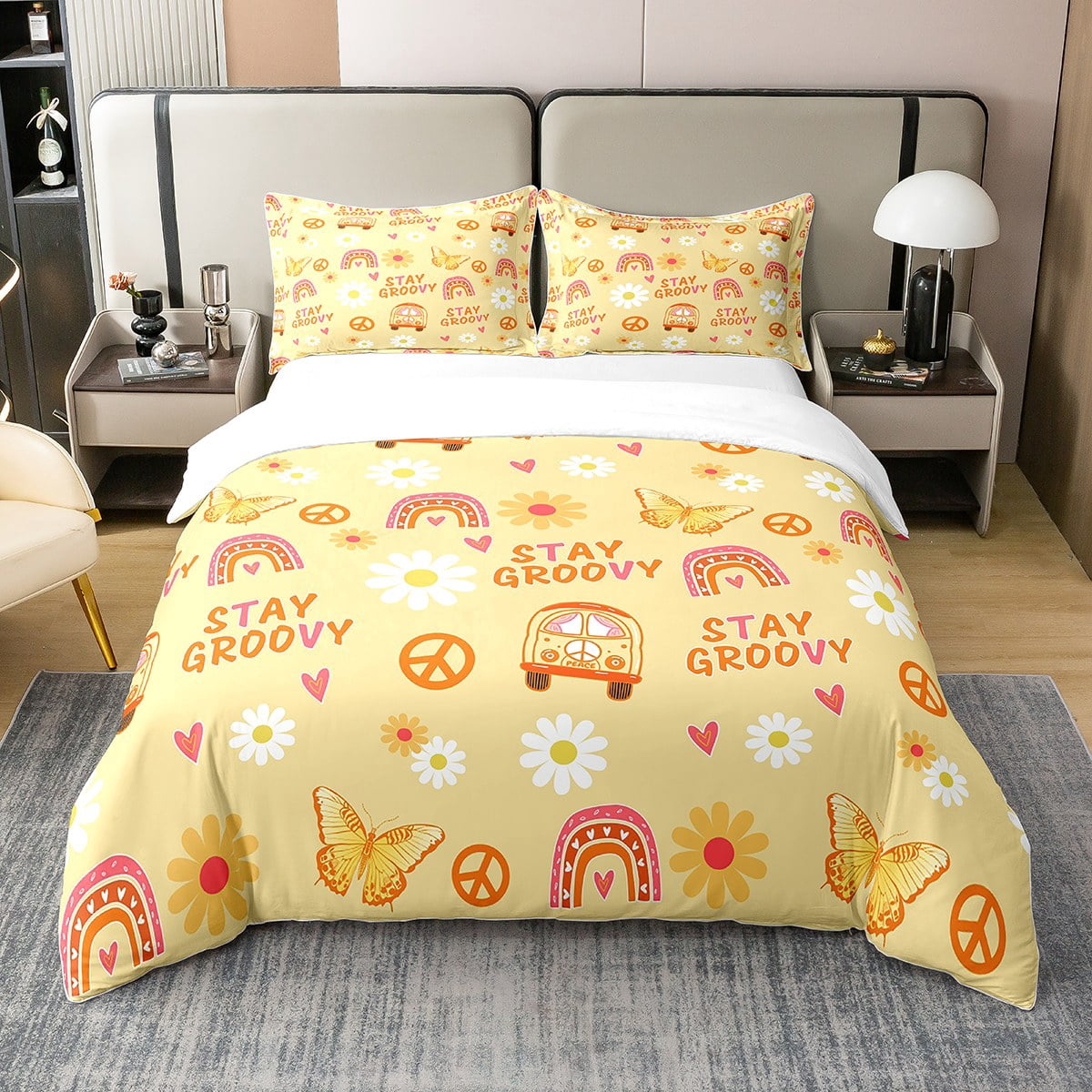 Groovy Floral 100% Organic Cotton Duvet Cover,Kawaii Rainbow Love Heart ...