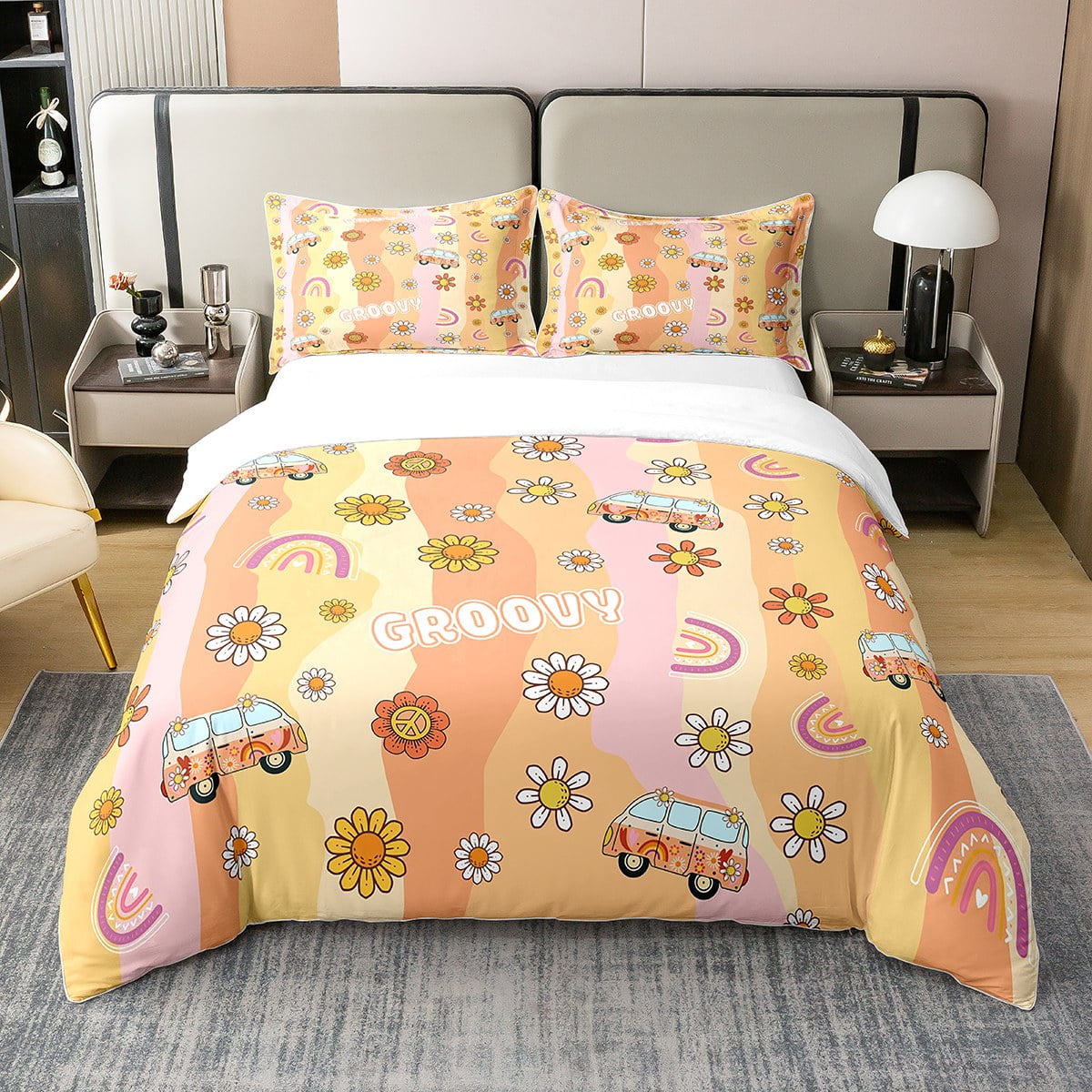 YST Groovy Flower 100% Natural Cotton Duvet Cover King for Kids,Vintage ...