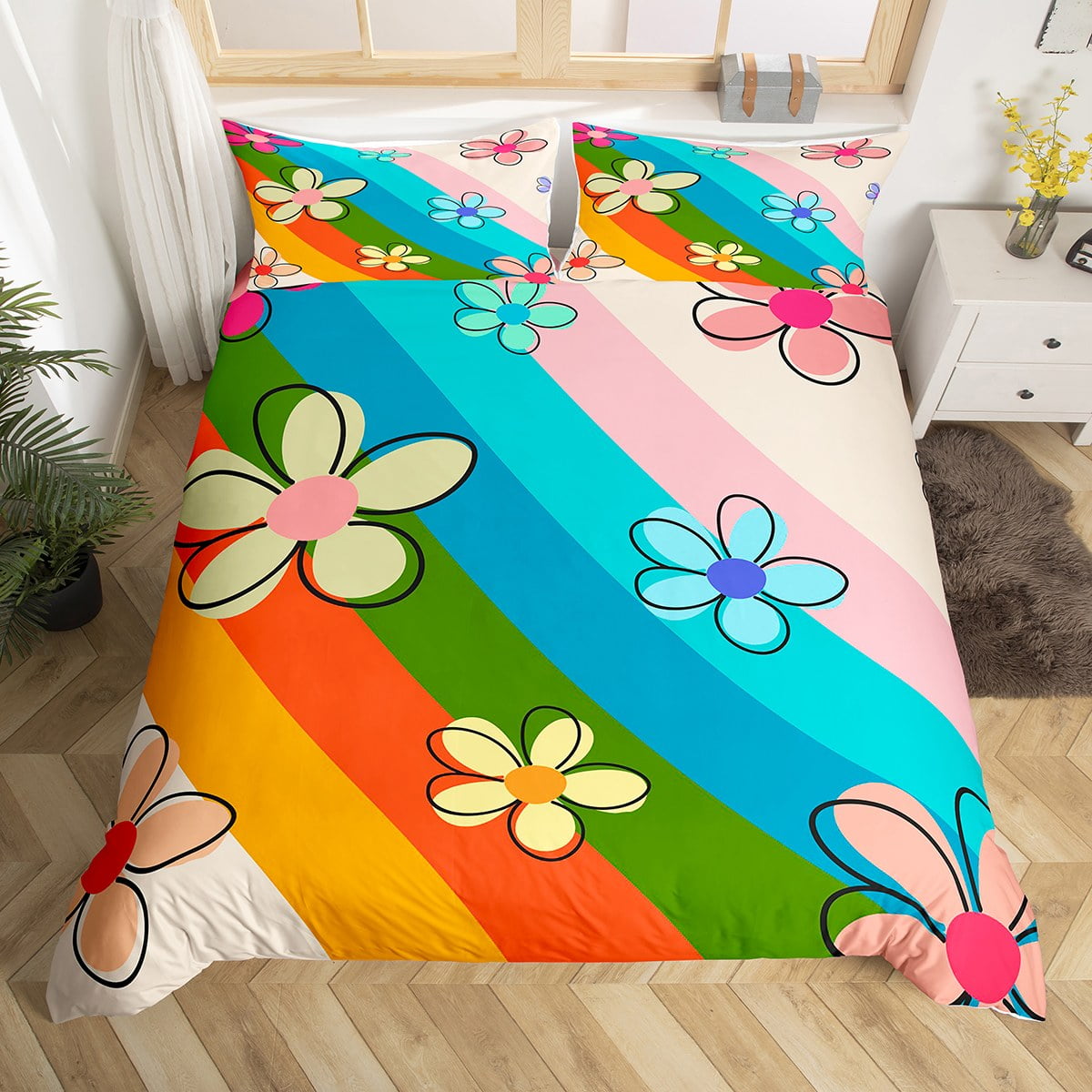 YST Groovy Flower Bedding Set for Girls Women,Colorful Funky 60s 70s ...