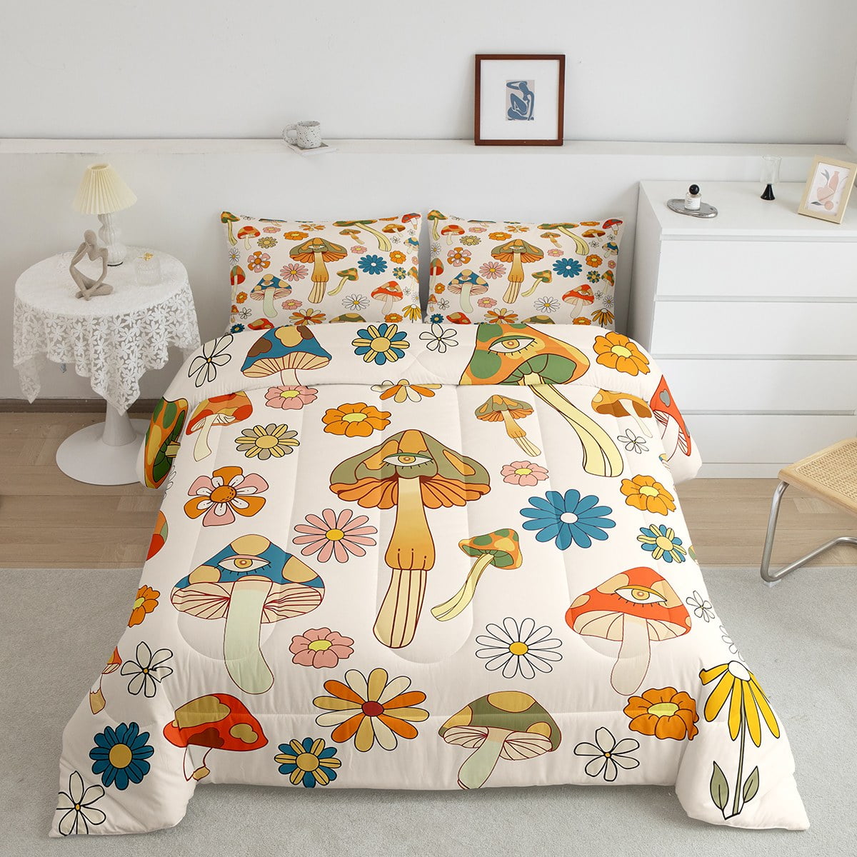 Groovy Flower Comforter Set Queen,1960S 1970S Vintage Floral Bedding ...