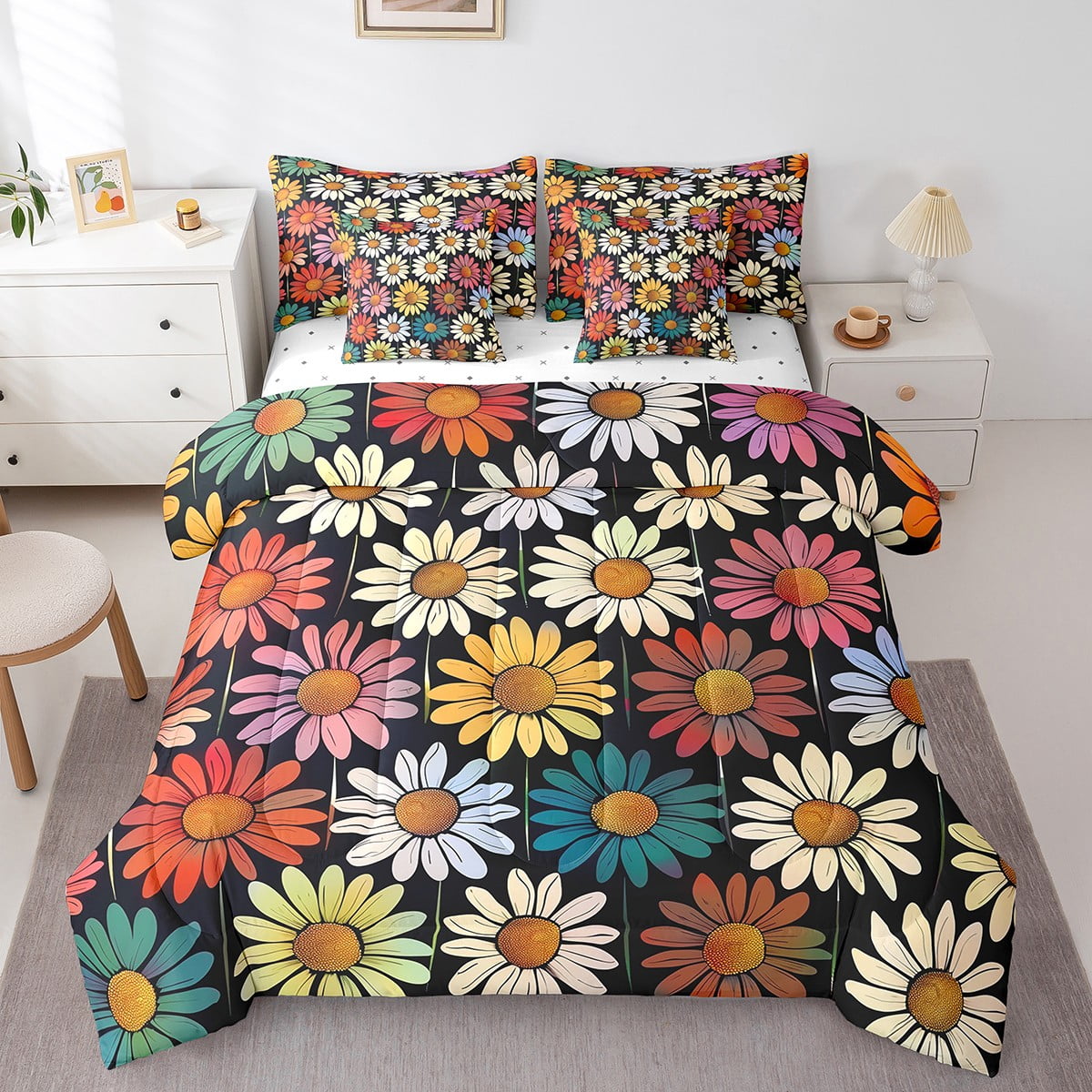 YST Groovy Flower Comforter Set With Sheets 7 Piece Queen Size Colorful ...