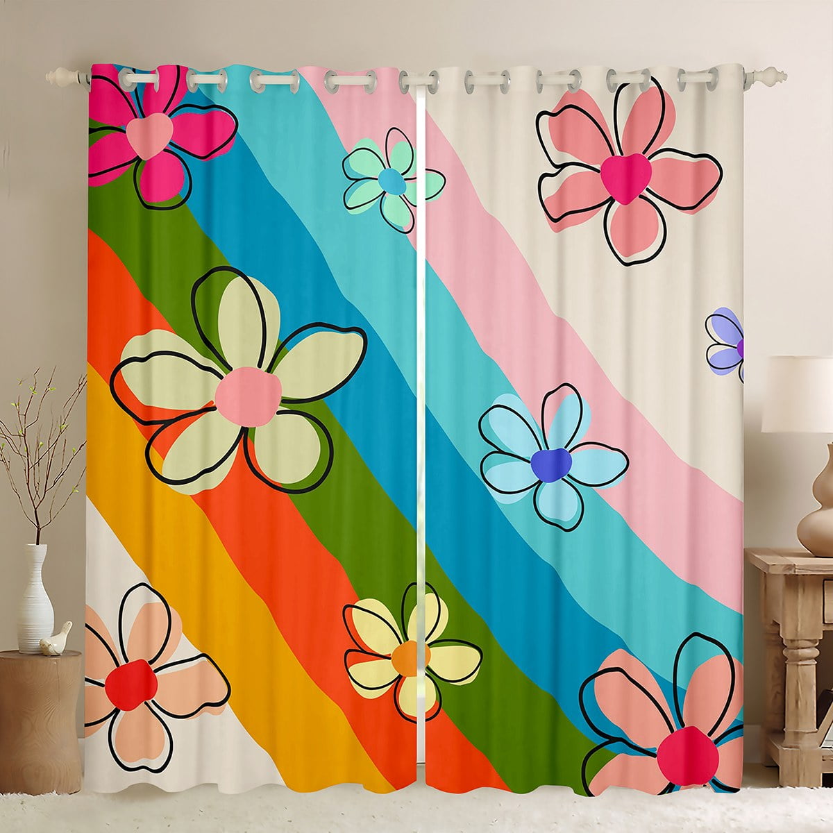 YST Groovy Flower Curtains for Girls Women,Colorful Funky 60s 70s ...