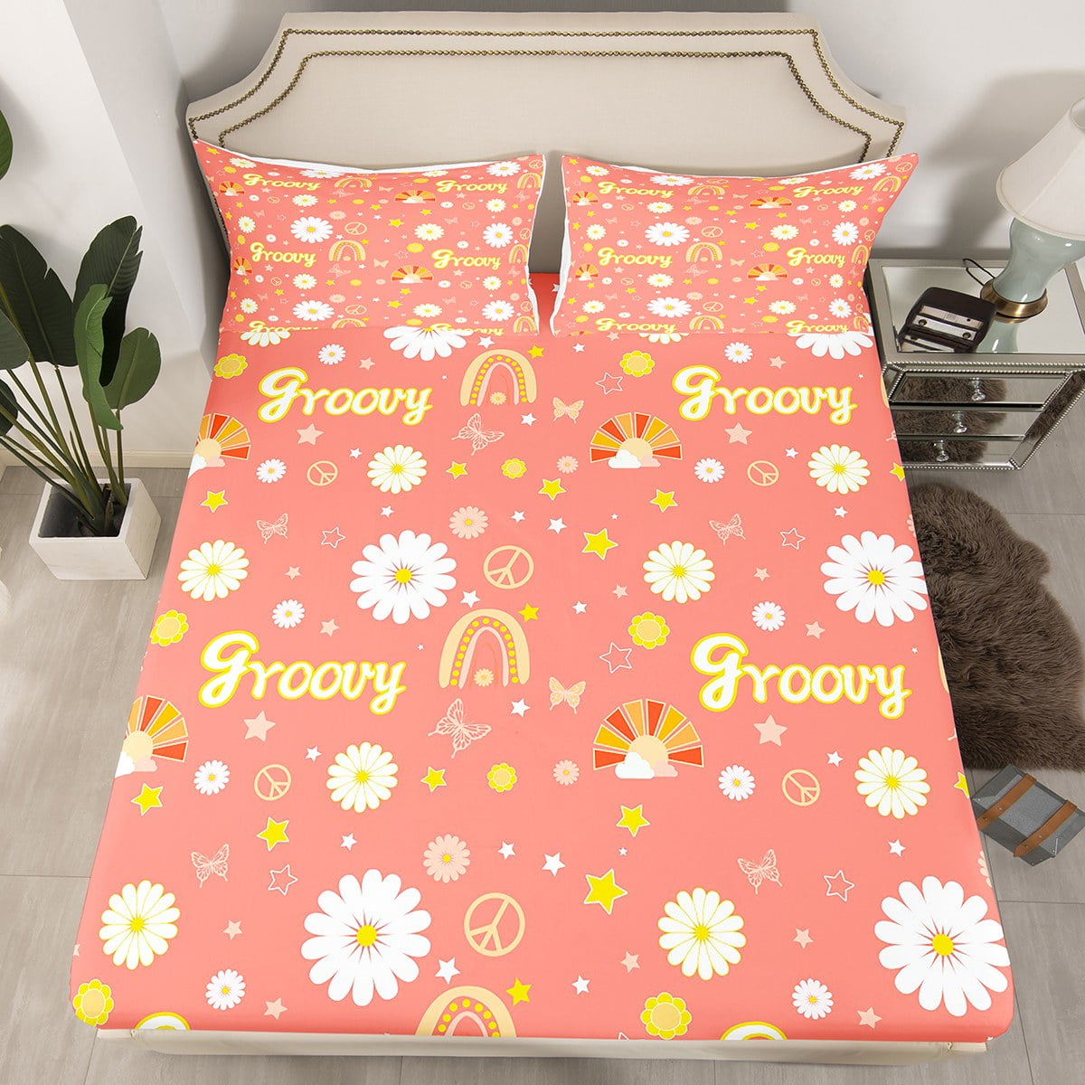 YST Groovy Flower Fitted Sheet Twin Size, 70S 80S 90S Vintage Floral ...