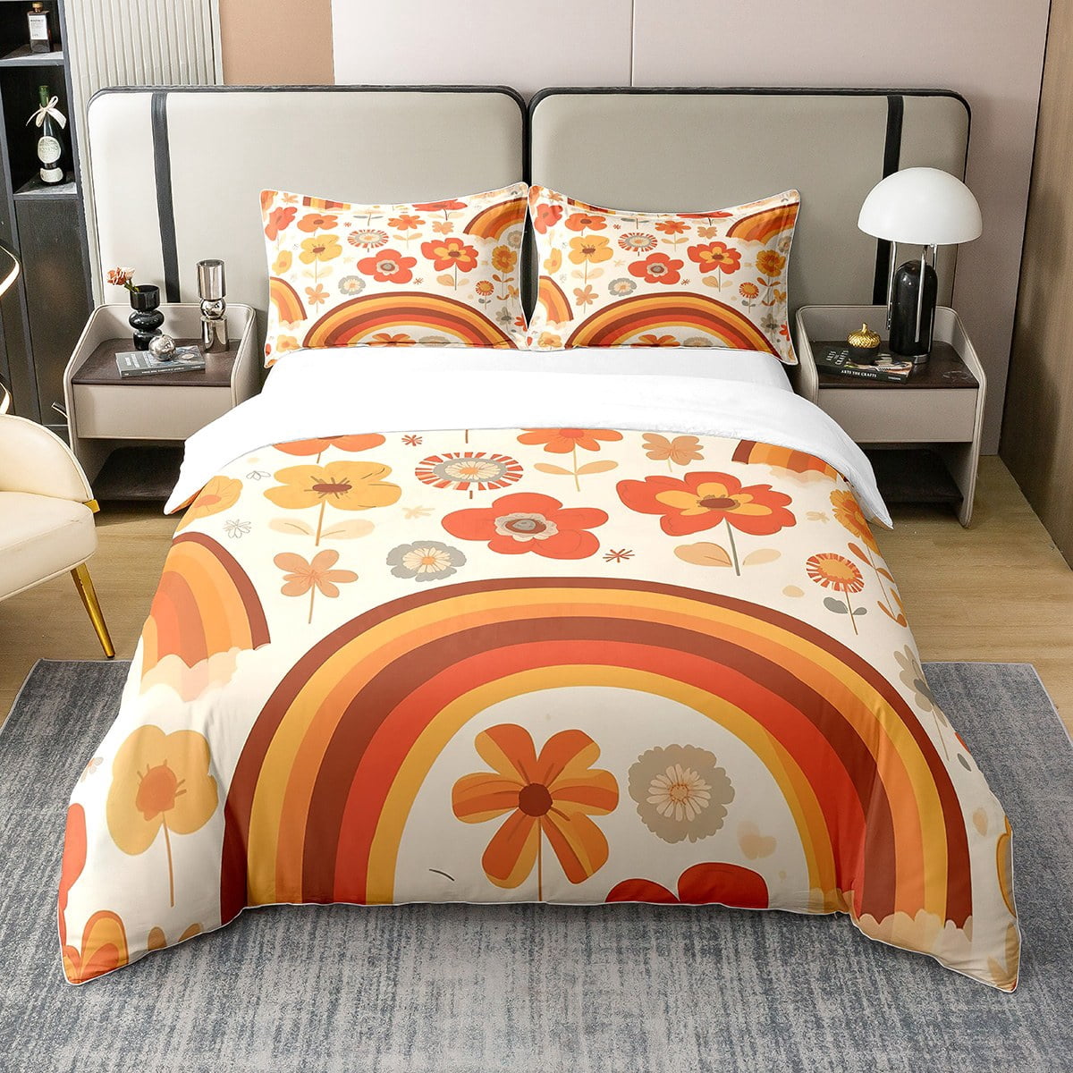 Erosebridal Groovy Flowers 100% Cotton Duvet Cover, Rainbow Retro ...