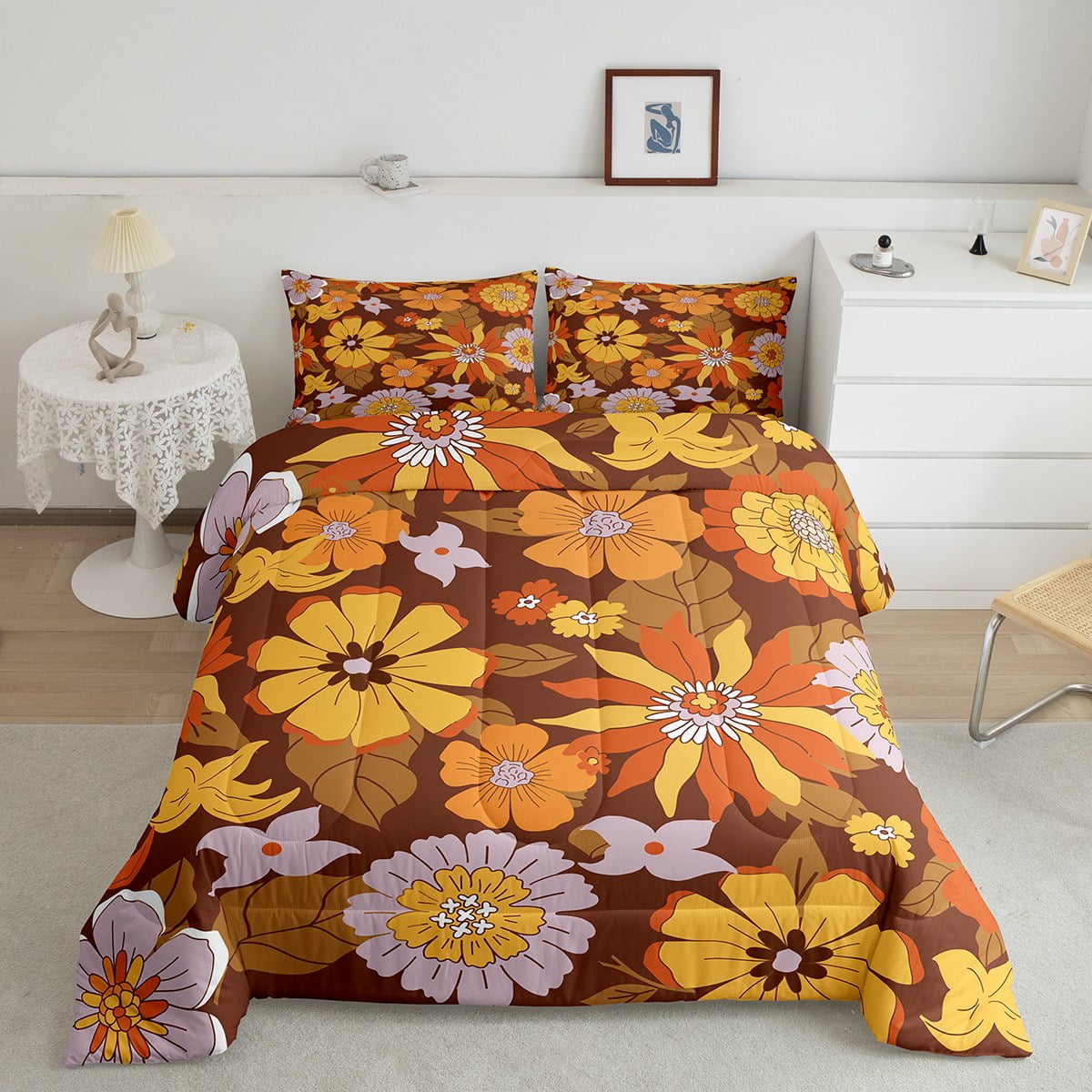 Erosebridal Groovy Flowers Comforter Set, 90S Retro Floral Bedding Set ...
