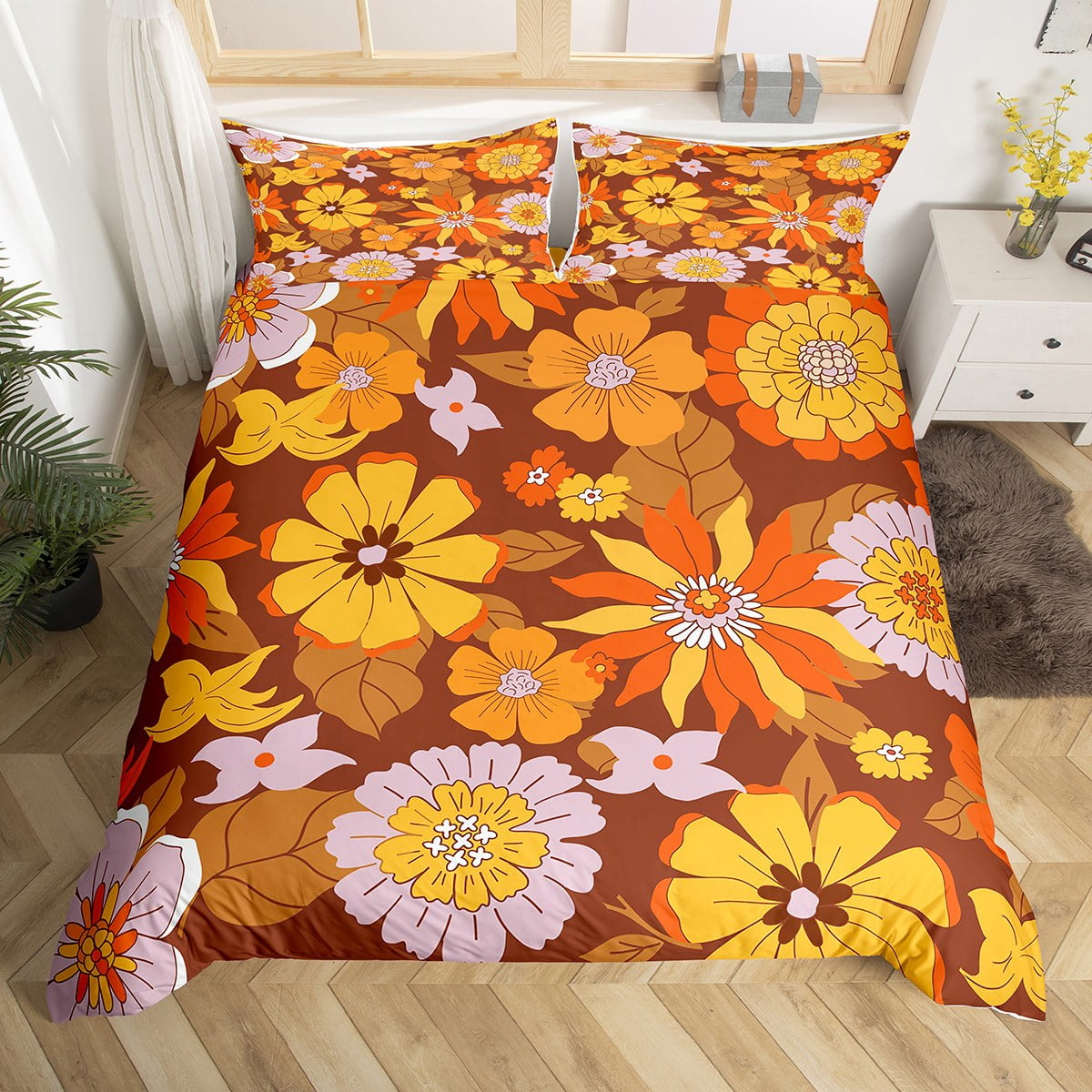 Erosebridal Groovy Flowers Duvet Cover, 90S Retro Floral Bedding Set ...