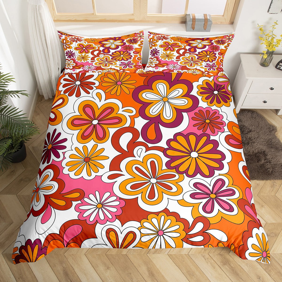YST Groovy Flowers Duvet Cover for Women Girls,Vintage 60s 70s Floral ...