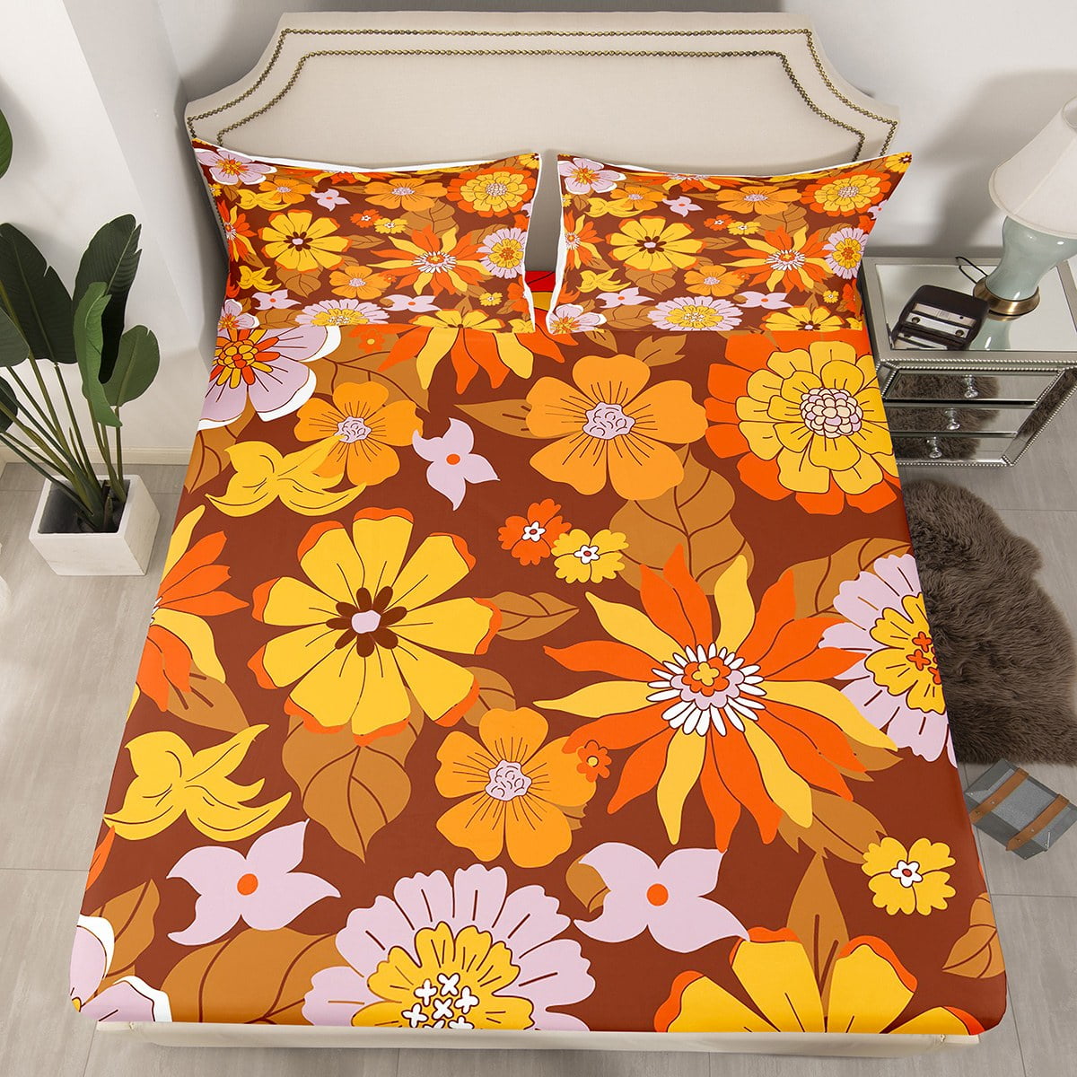 YST Groovy Flowers Fitted Sheet For Girls, 90S Retro Floral Bedding Set ...