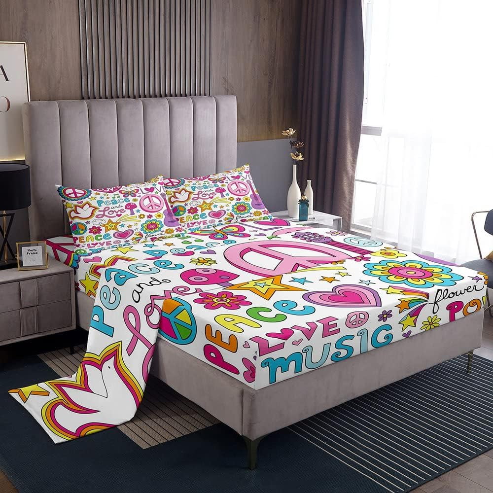 Groovy Happy Flower Sheet Set Exotic Peace Sign Boho Floral Bed Sheets ...