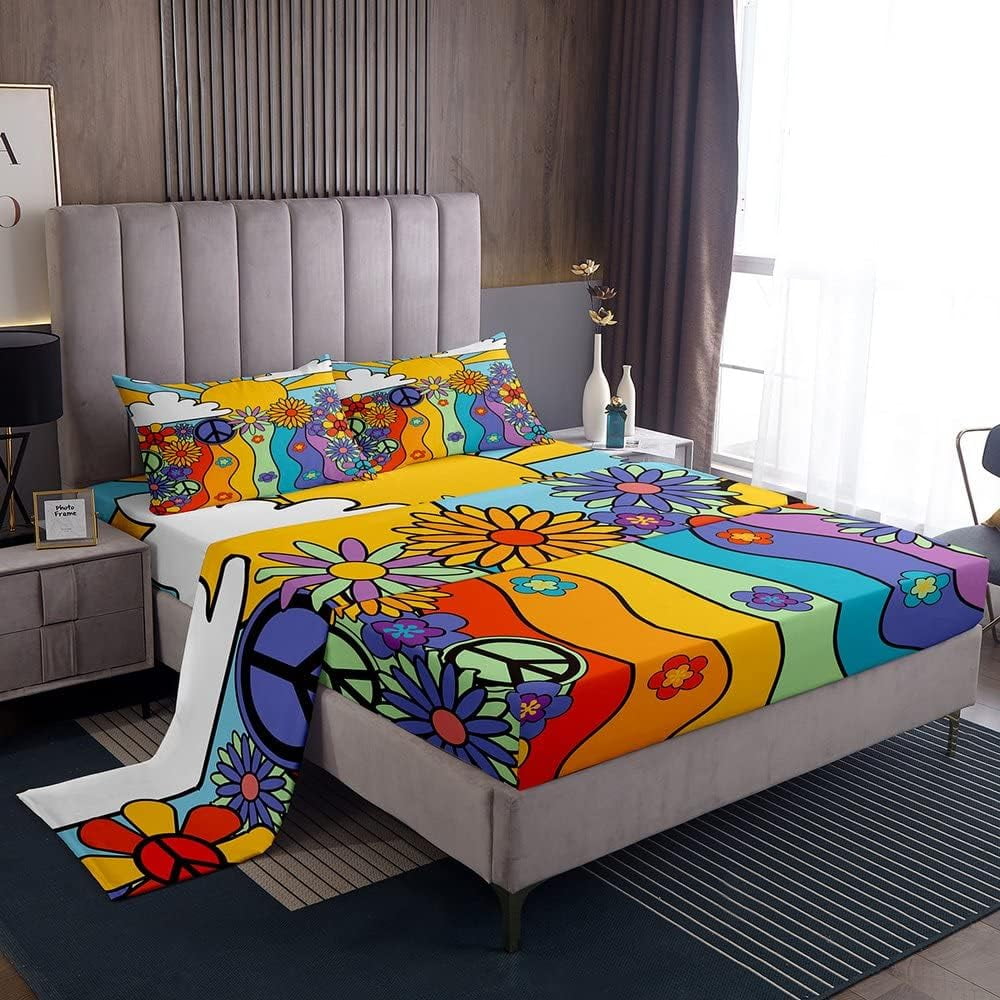 YST Groovy Happy Flower Sheet Set Sun Moon Peace Sign Boho Floral Bed ...