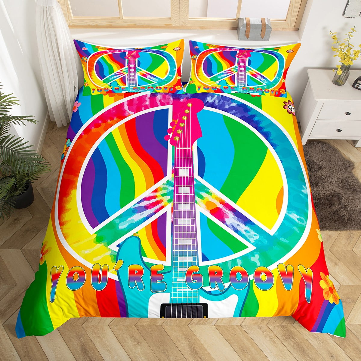 YST Groovy Party Bed Set for Kids Teen Tie Dyed Peace Sign Duvet Cover ...