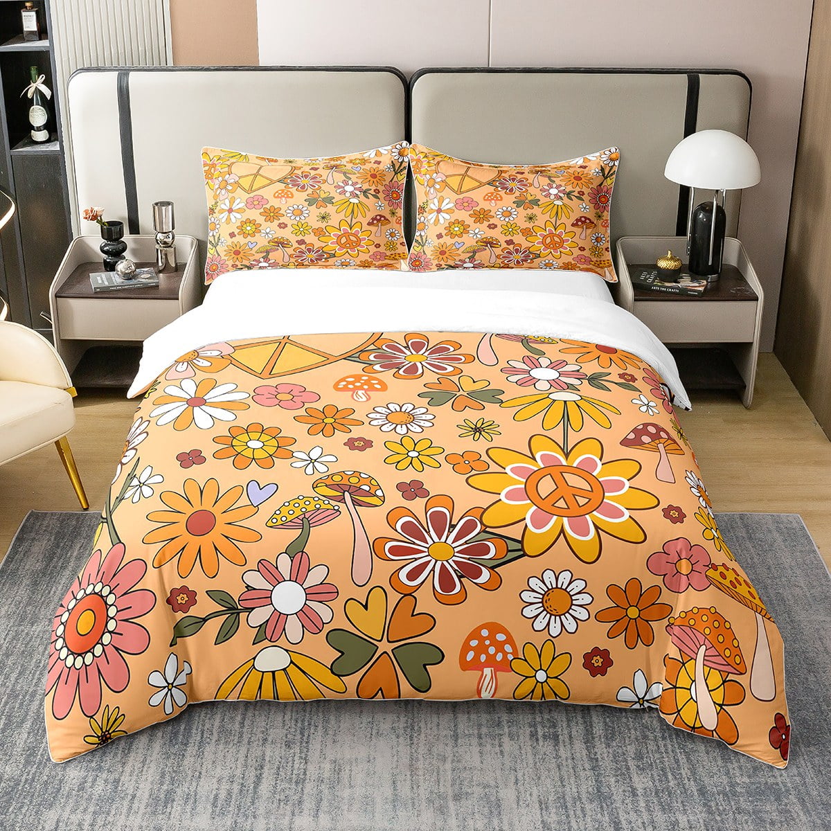 YST Groovy Style 100% Cotton Duvet Cover King,Vintage 60s 70s Flower Doodle Bedding Set for ...