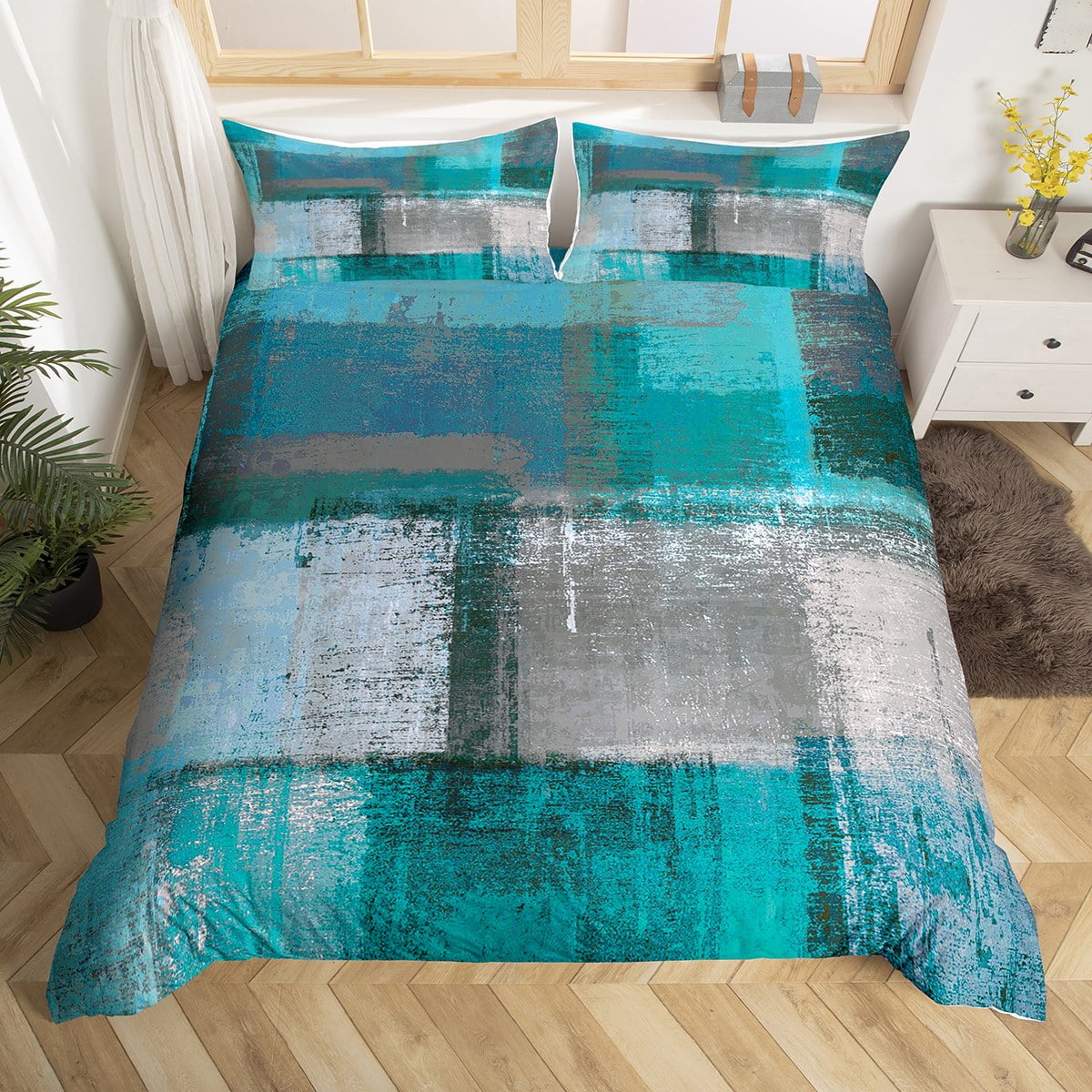 YST Grunge Bedding Sets Queen Blue Abstract Comforter Cover for Adults ...
