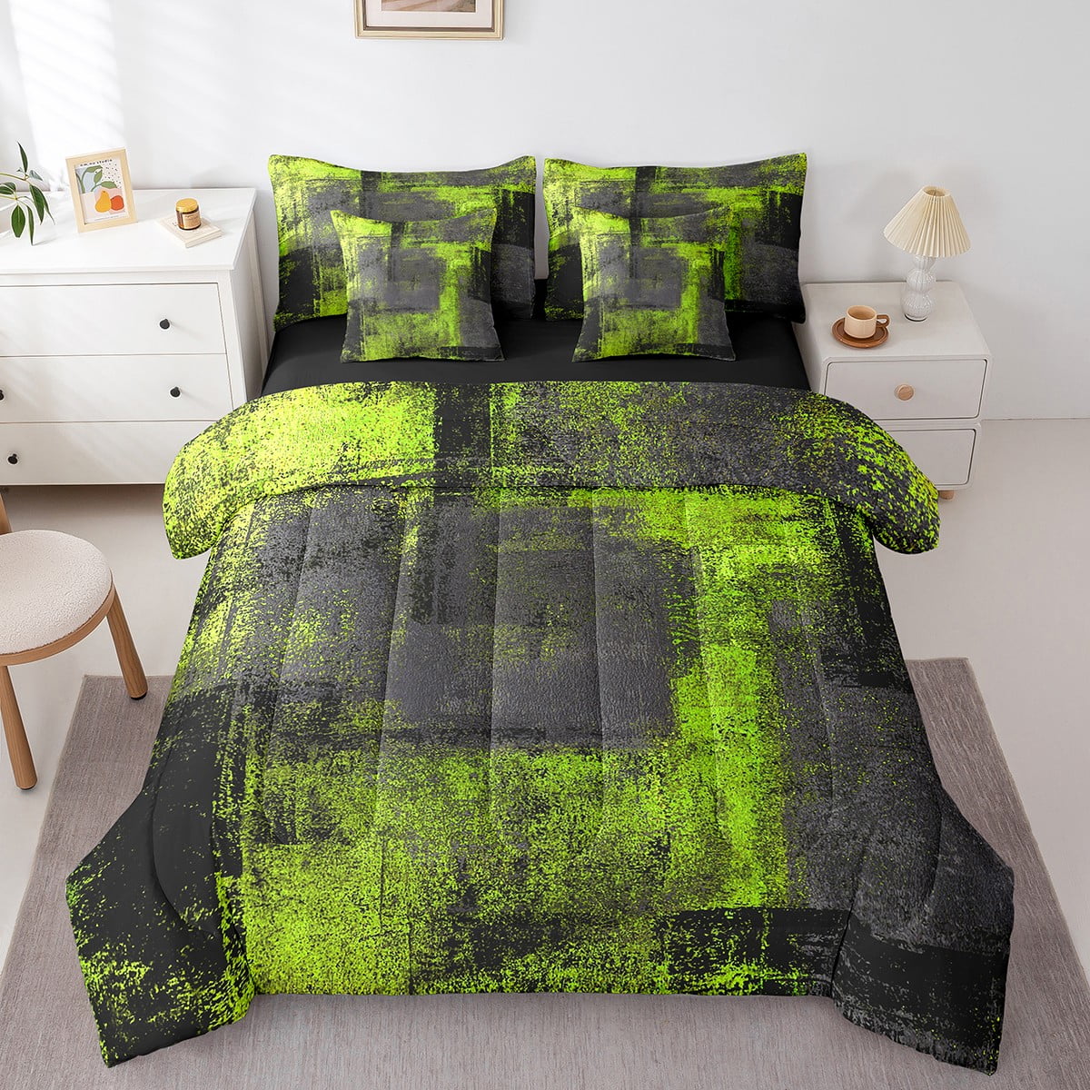 Grunge Lime Green Bedding Sets Black Grey Ombre Abstract Queen ...