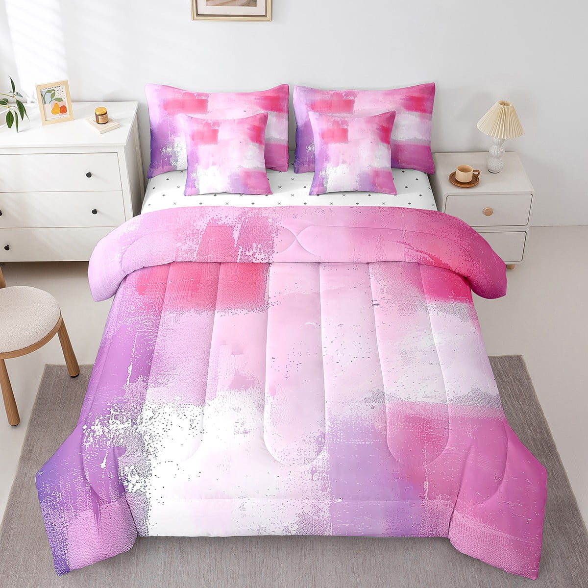 YST Grunge Oil Painting Queen Comforter Set 7pcs Pink Purple White Tie Dye Ombre Bed in a Bag ...