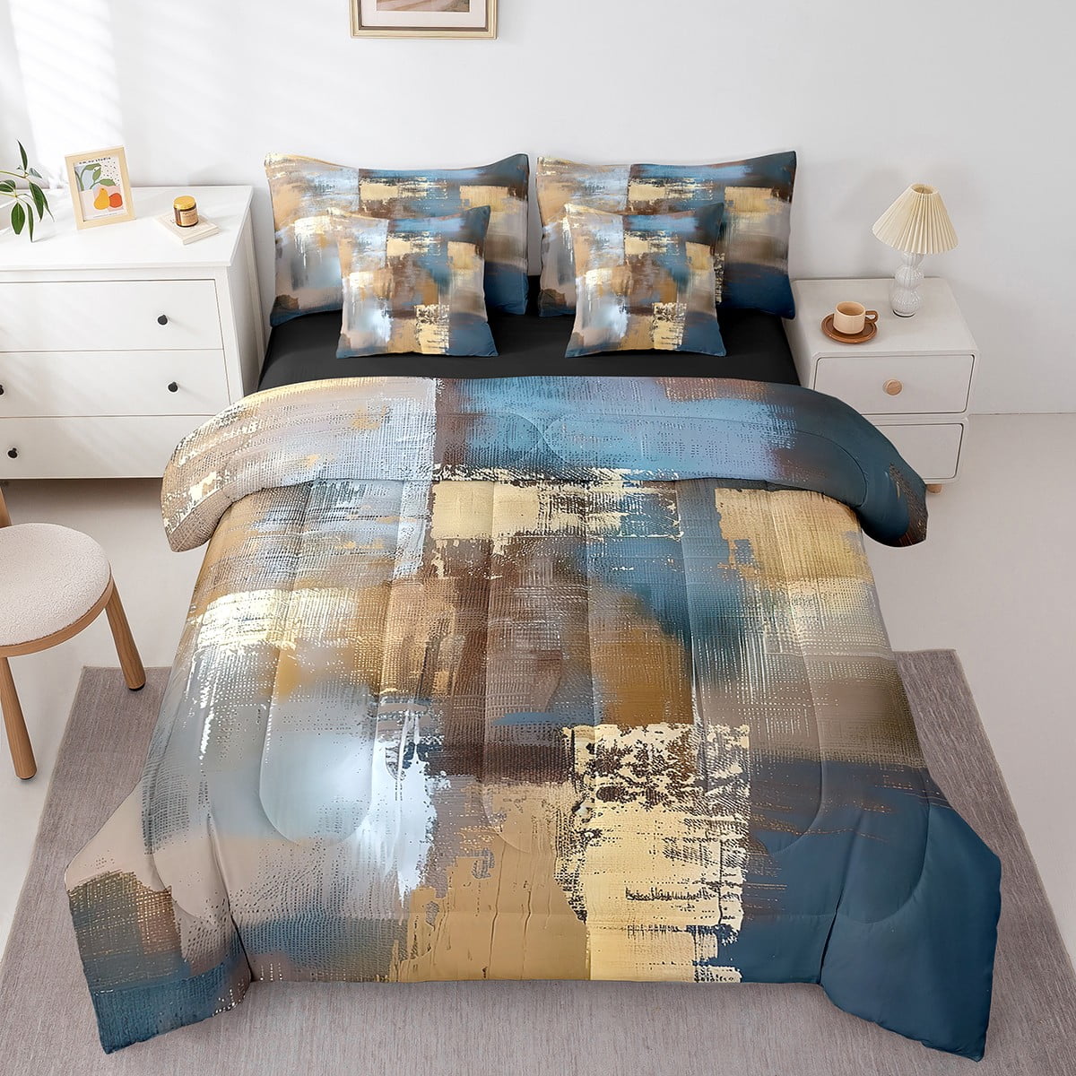 YST Grunge Oil Painting Twin Comforter Set 7pcs Biege Brown Navy Tie ...