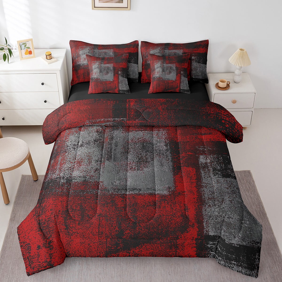 YST Grunge Ombre Comforter Red Black Grey Comforter Set Geometric ...