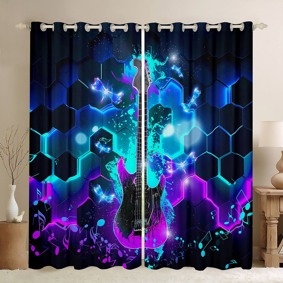 YST Guitar Curtains Geometric Honeycomb Curtains & Drapes, Neon Light ...