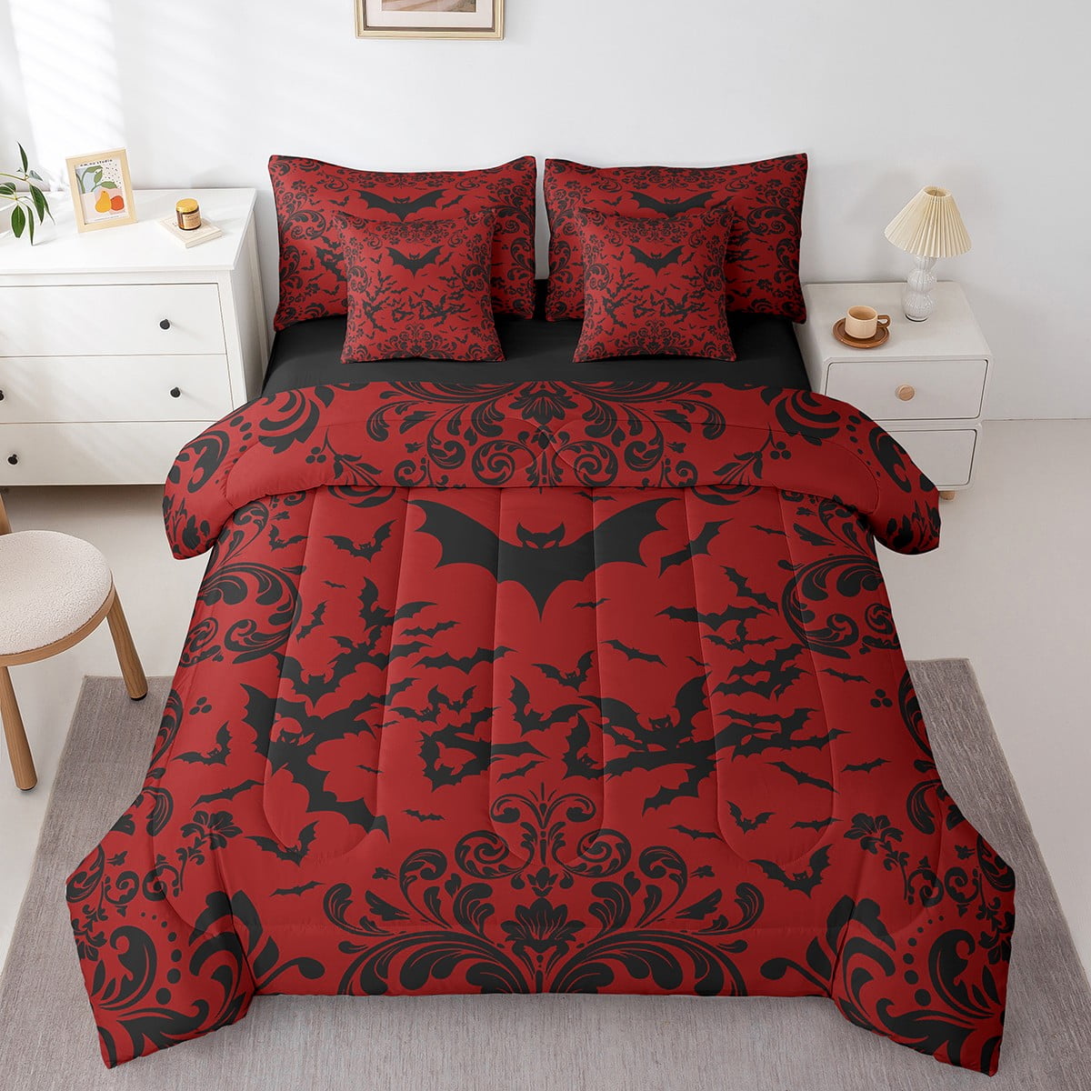 Halloween Bat Bedding Set Queen Size,Red Black Gothic Comforter Set 7 ...