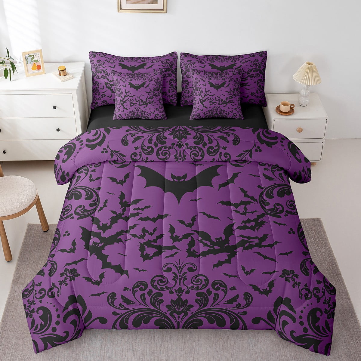 Halloween Bat King Bedding Sets Women,Purple Black Bats Bed In A Bag With Sheets Gothic Damask ...