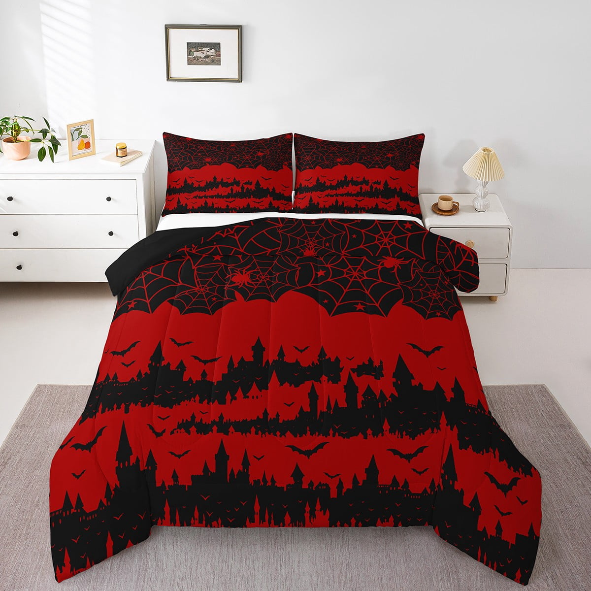 Halloween Bats Twin Bedding Set,Red Black Spider Web Castle Comforter ...