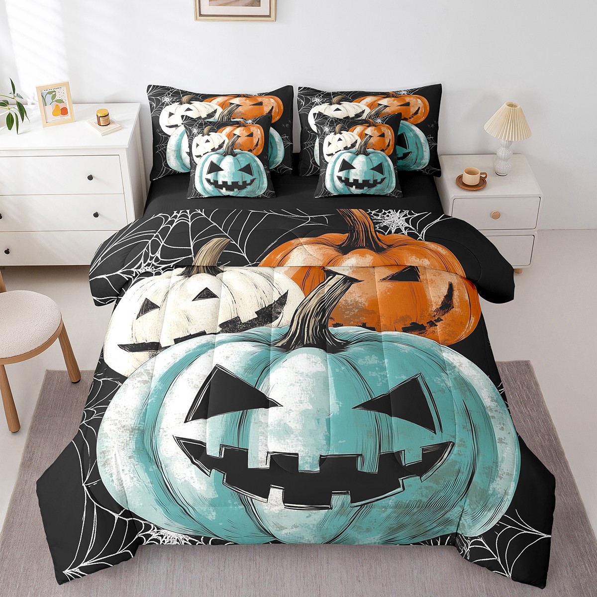 Halloween Bed In A Bag 7 Piece King Gothic Spooky Pumpkins Comforter ...