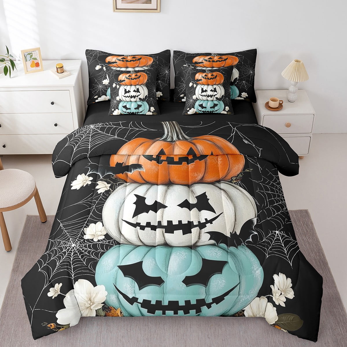 Halloween Bed In A Bag 7 Piece Queen Colorful Spooky Pumpkin Comforter ...