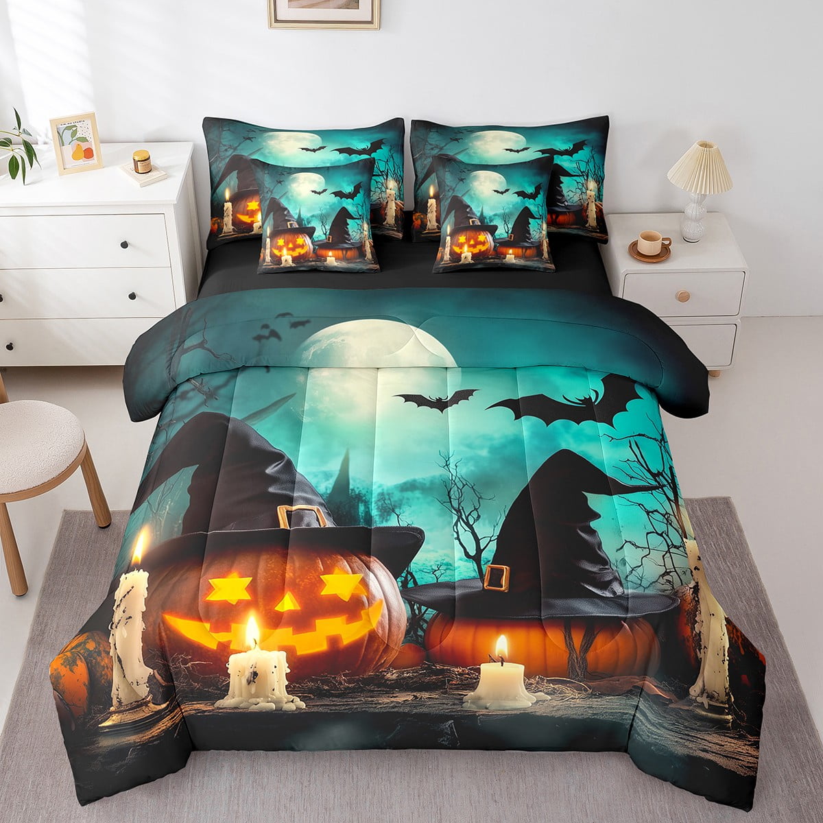 YST Halloween Bed In A Bag With Sheets Queen 7 Piece Witch Pumpkin ...