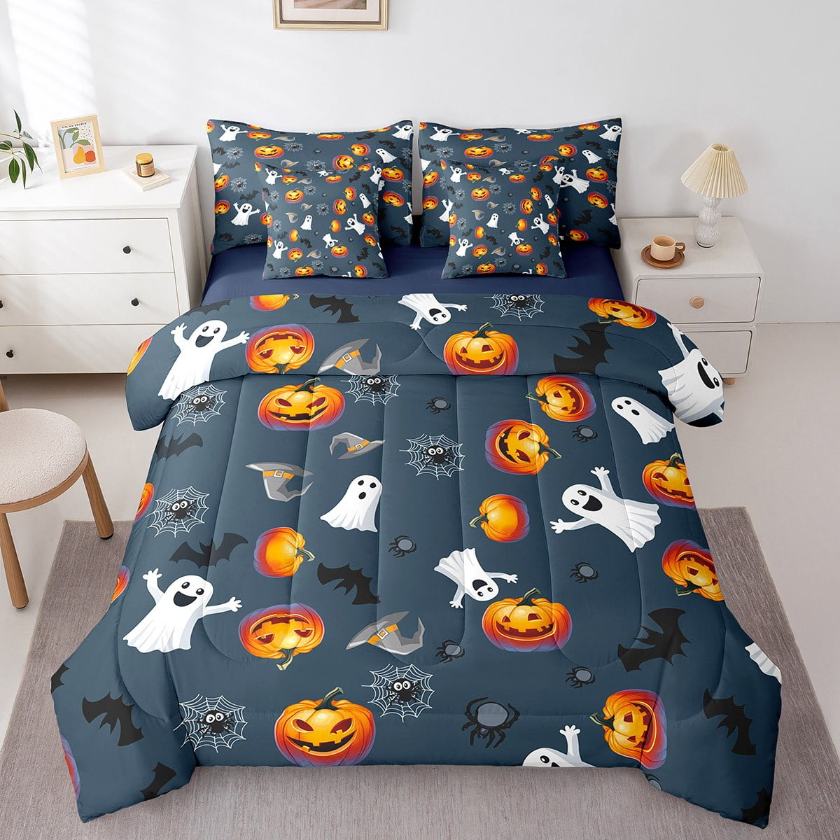 Halloween Bed In A Bag,Spooky Ghost Pumpkin Bedding Set 7Pcs Full Size ...