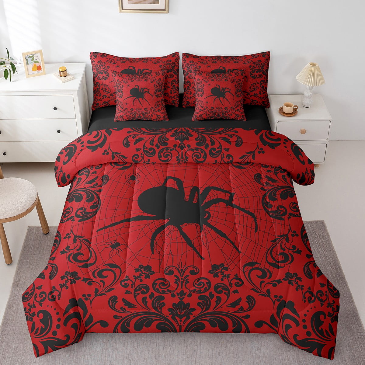 Halloween Bedding Set Red Black Spider Web Bed In A Bag With Sheets ...