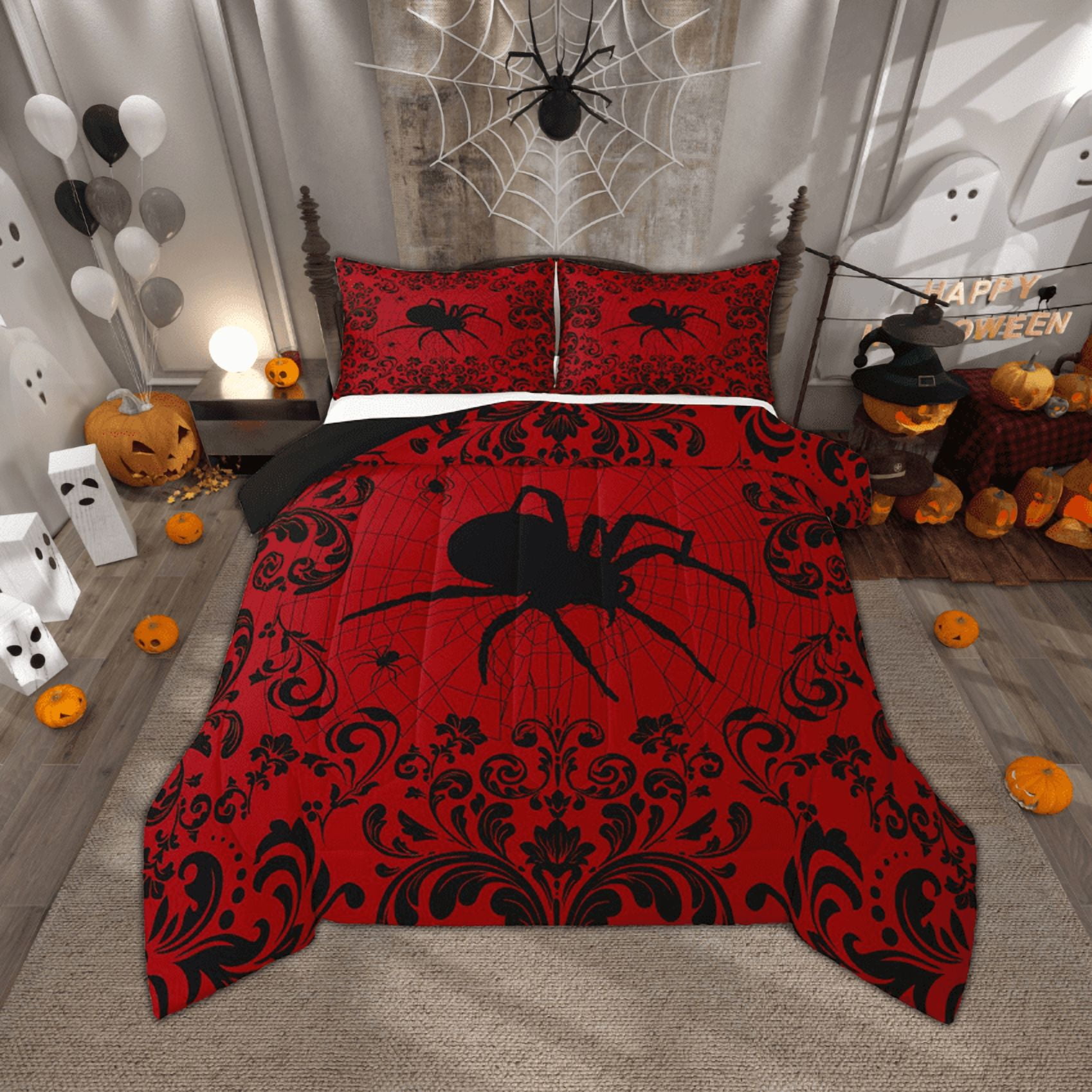 Erosebridal Halloween Bedding Set Red Black Spider Web Bedding ...