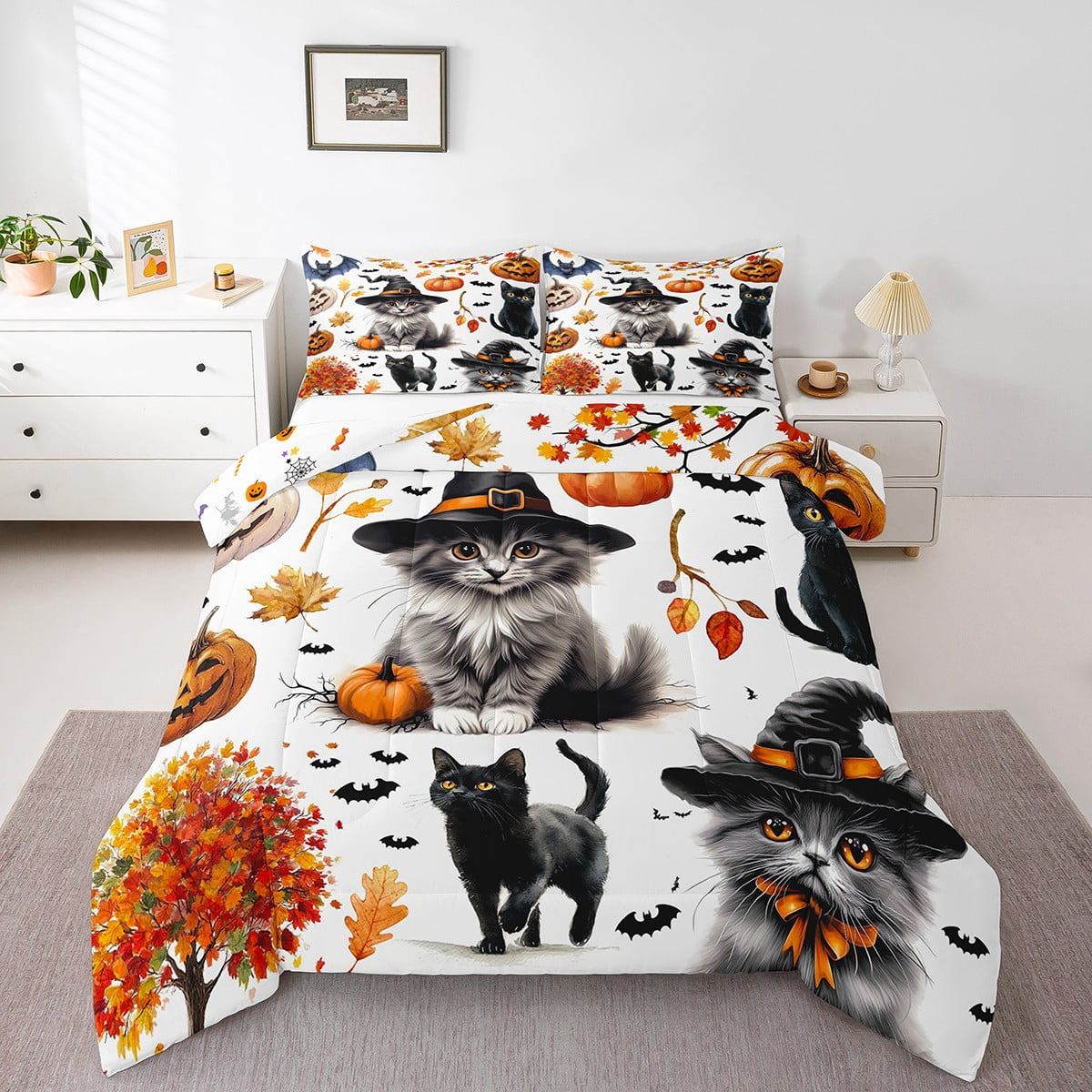 Halloween Black Cat Queen Bedding Set,Witch Hat Pumpkin Bats Comforter ...