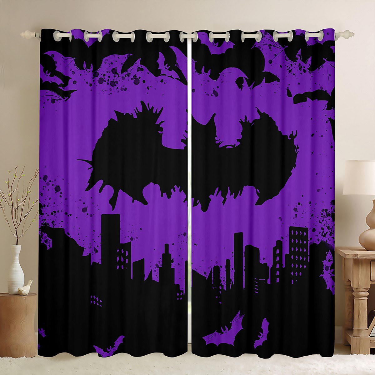 YST Halloween Blackout Curtains 42"Wx63"L Purple Black Bat Window ...