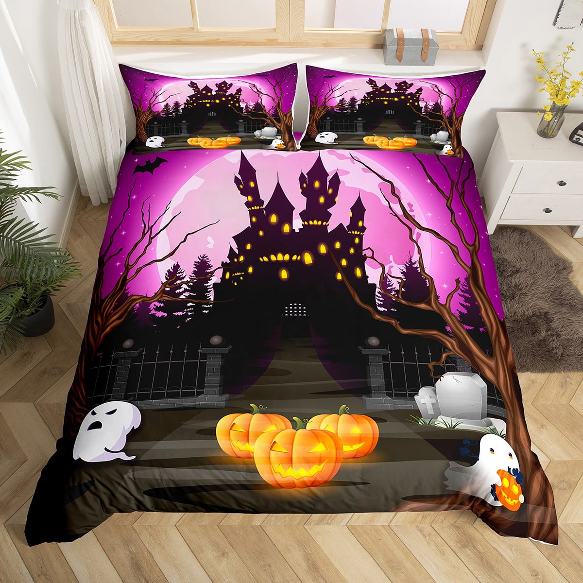 YST Halloween Castle Comforter Cover Twin Pumpkin Lantern Bedding Set ...