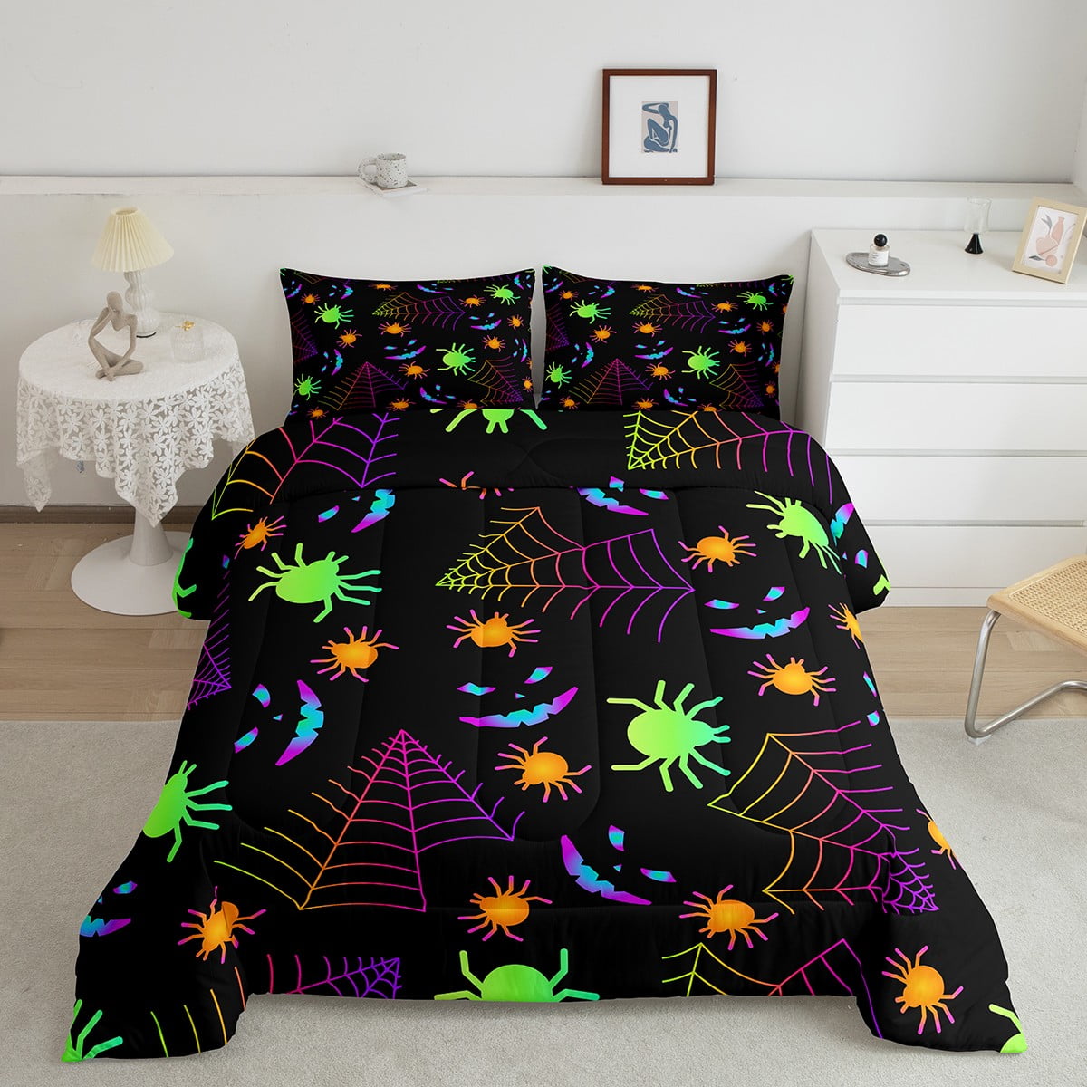 Erosebridal Halloween Comforter Set Purple Teal Neon Pumpkin Lantern ...