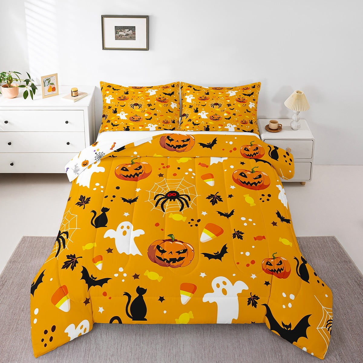 Halloween Decor Comforter Set, Pumpkin Pattern Bedding Set Teens Adult ...