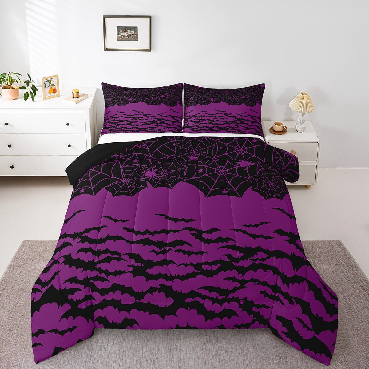 Halloween Decorations Bedding Set Twin Size,Purple Black Bats Spider ...