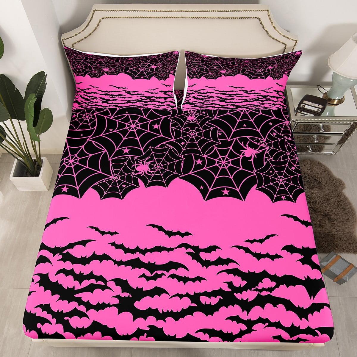 Erosebridal Halloween Decorations Fitted Sheet Twin Size,Pink Black ...