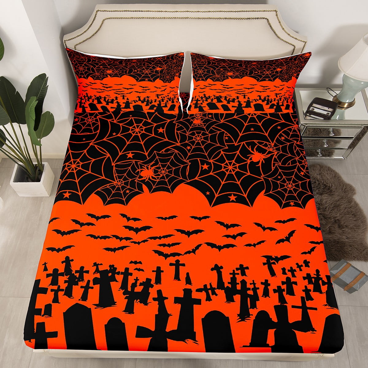 Halloween Fitted Sheet Twin Size, Spooky Spider Nets Bedroom Decor Cozy ...