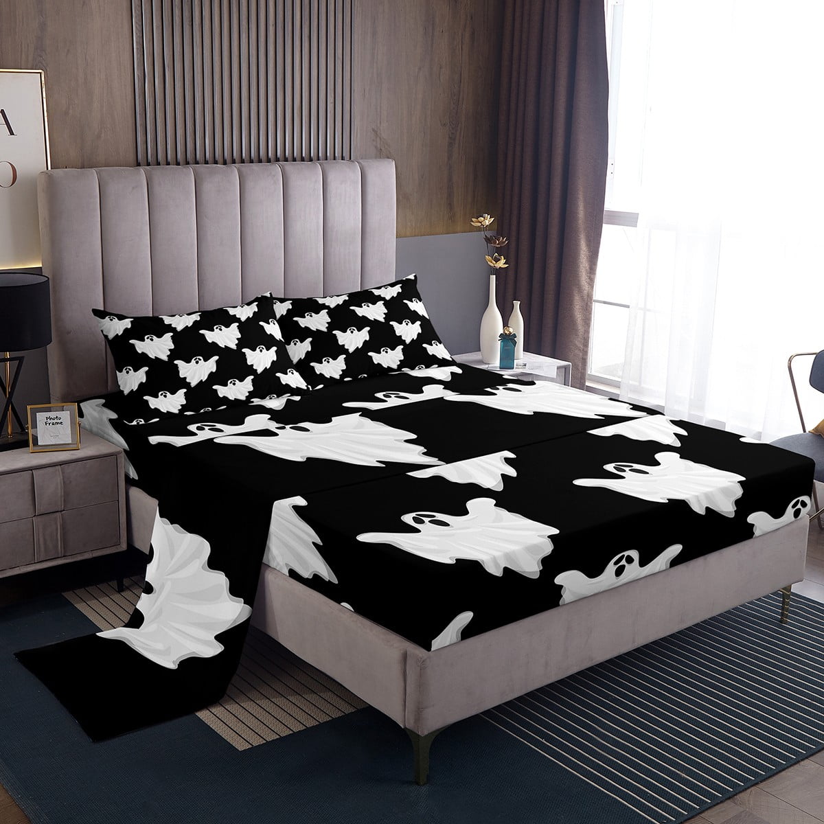 YST Halloween Ghost Sheet Set Halloween Decorations Black and White Bed Sheets Set, Spooky Ghost ...