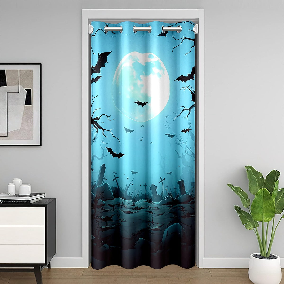 Halloween Grave Door Curtain Bat Moonlight Blackout Curtain Washable ...