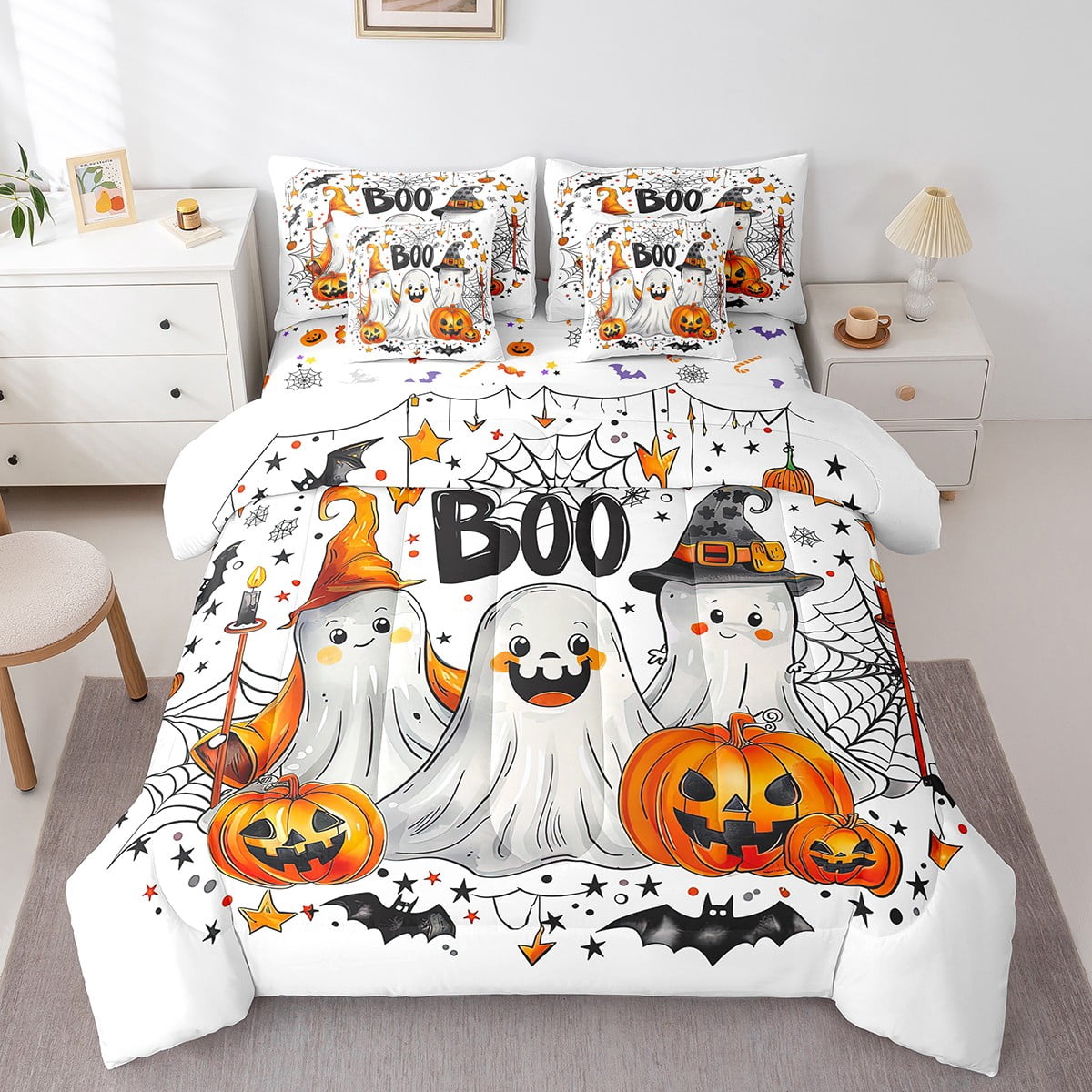Erosebridal Halloween King Comforter Set 7 Piece Cartoon Ghost Pumpkin ...