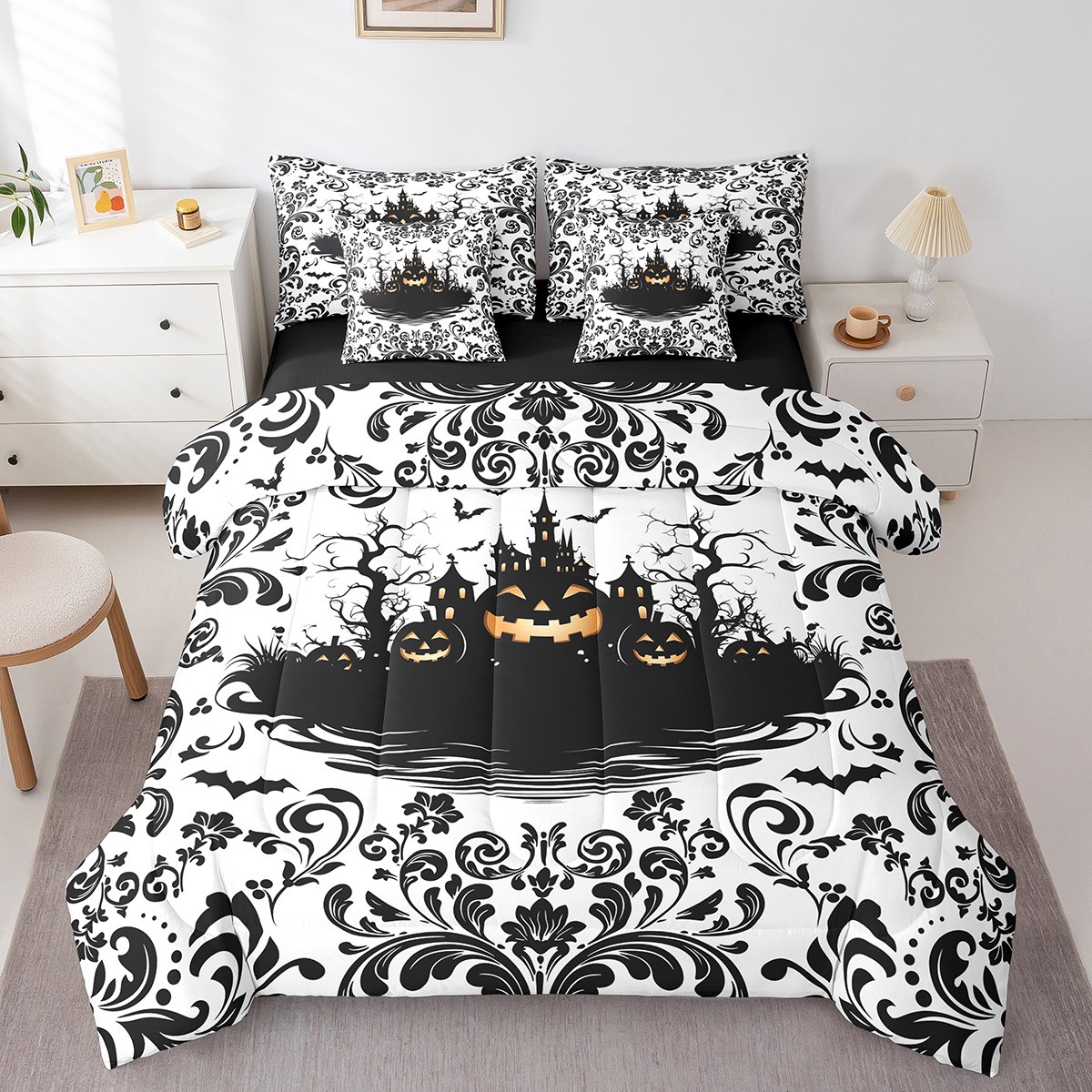 Halloween Pumpkin Comforter Set 7 Piece King Black White Damask Bats ...