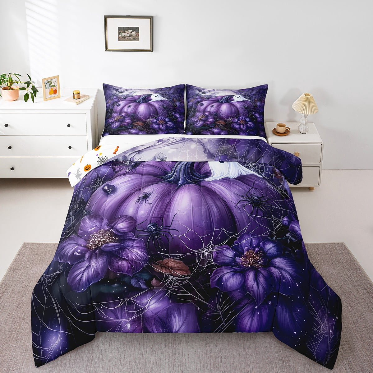 YST Halloween Pumpkin Comforter Set King,Gothic Purple Floral Bedding ...